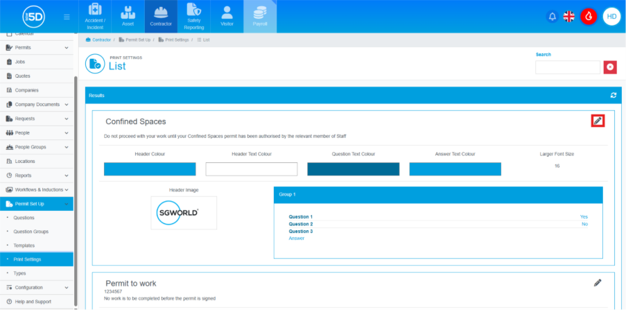 How to change the permit print settings
